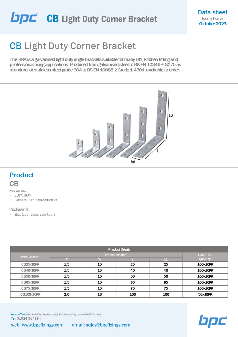 Datasheets – Builders Metalwork – BPC Fixings