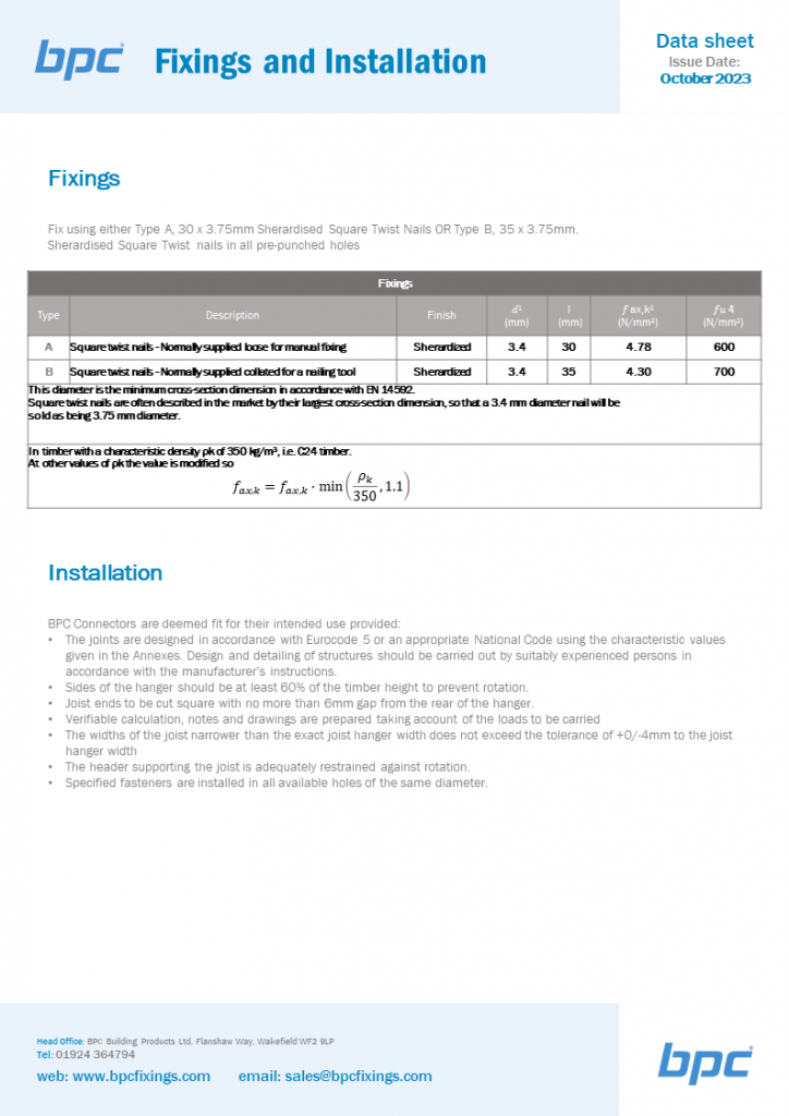 Datasheets – Builders Metalwork – BPC Fixings